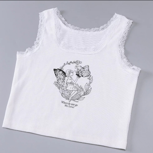 Tops | Pixiekiki Cartoon Printed Lace Trim White Crop Top Fairy Grunge ...
